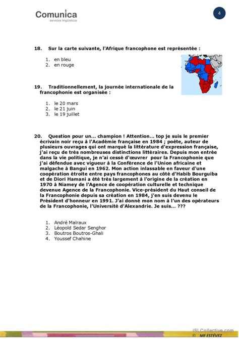 LA FRANCOPHONIE QUIZ compréhension g English ESL worksheets pdf doc