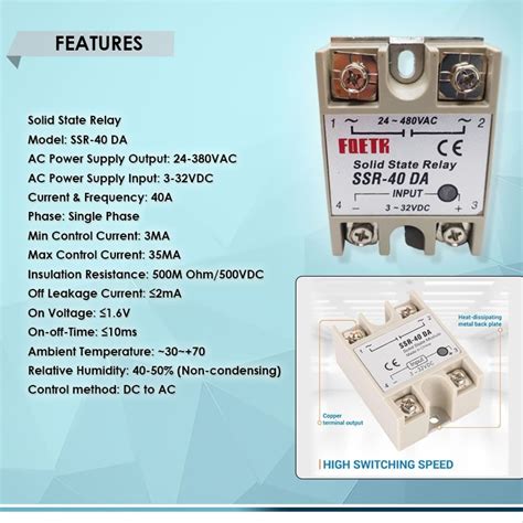 Solid State Relay Ssr 40da Dc To Ac Input 3 32vdc Output 24 380vac 40a