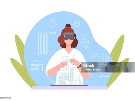 Vr 건설 가상 엔지니어링 홀로그램 모델 빌딩 고층 빌딩 디자인 증강 현실 안경의 여성 디지털 시뮬레이션 아키텍처 화려한 벡터