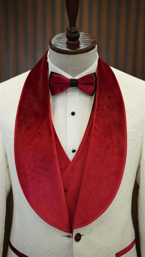 Elegant Fiore White Red Slim Fit Tuxedo For Formal Events Brabion