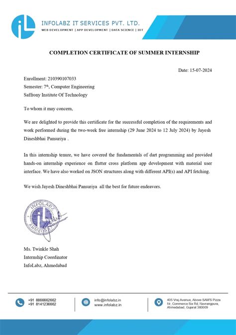 Jayesh Pansuriya On Linkedin Internship Infolabz