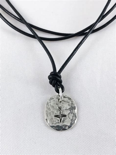 Mens Compass Necklace Sterling Silver Rustic Oval Stamped Compass