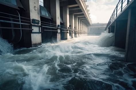Hydroelectric Power Plant With Water Flowing Through The Turbines