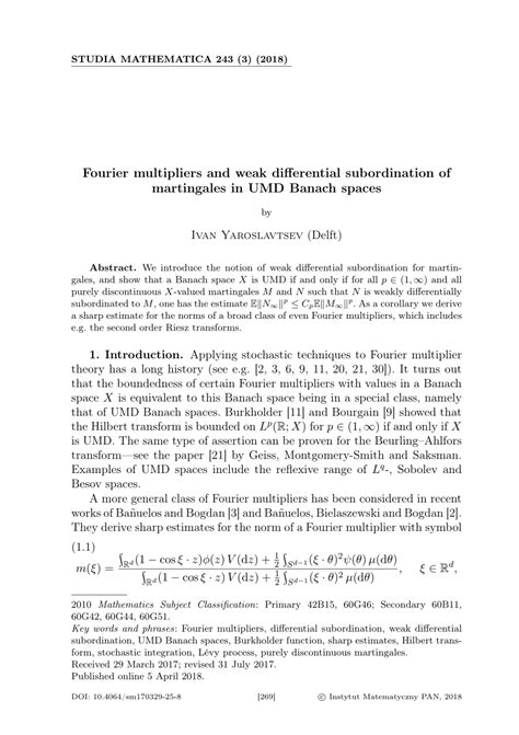 Pdf Fourier Multipliers And Weak Differential Subordination Of