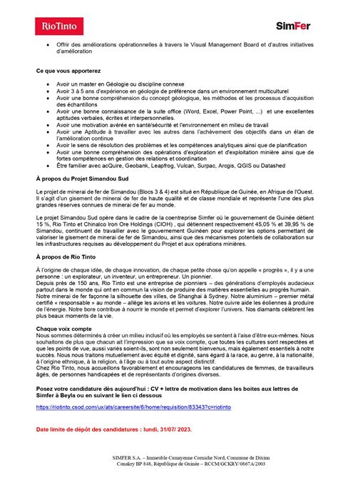 RioTinto recrute Cinq Géologues Journal hebdo et électronique de l emploi et des appels d