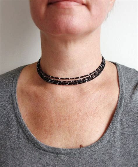 Multi Stranded Beaded Choker Necklace Layered Black Seed Beads Etsy