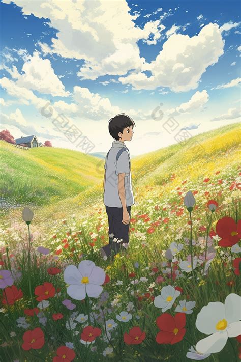 山丘花海男孩数字插画图片 包图网