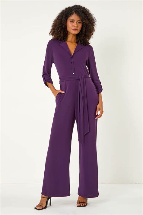 Purple Button Through Belted Stretch Jumpsuit Roman Uk