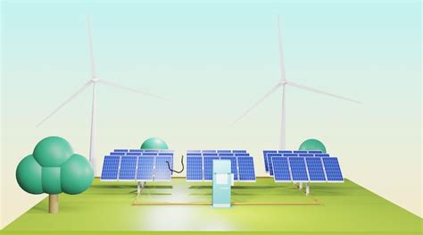 청정 에너지 시스템 풍력 터빈 및 태양 전지는 3d 렌더링에서 전기를 생성합니다 프리미엄 사진