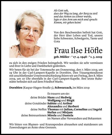 Todesanzeigen von Ilse Höfle Todesanzeigen Vorarlberger Nachrichten