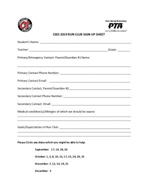 Fillable Online CSES 2019 RUN CLUB SIGN UP SHEET Fax Email Print