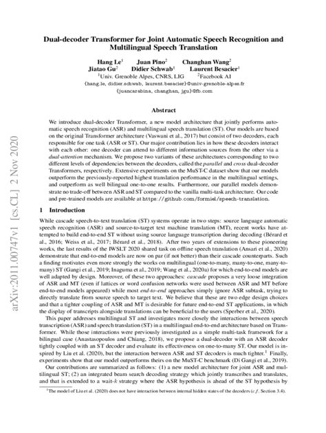 Fillable Online Dual Decoder Transformer For Joint Automatic Speech