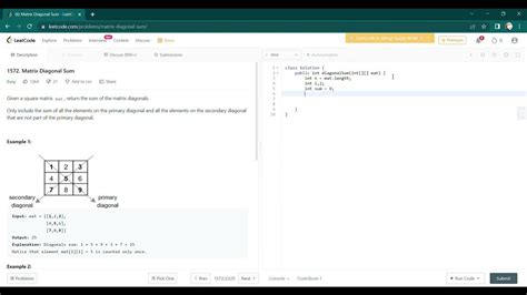 6 Matrix Diagonal Sum Leetcode Solution Youtube
