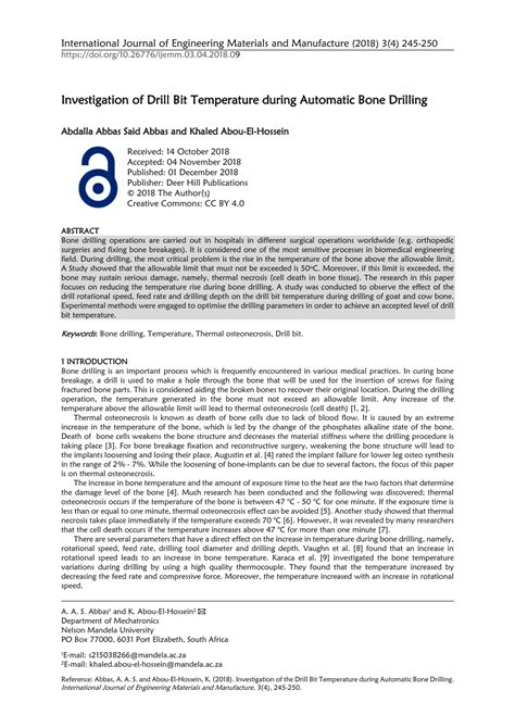 Pdf Investigation Of Drill Bit Temperature During Automatic Bone Drilling