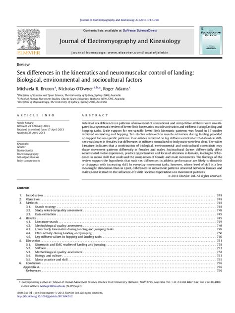 Pdf Sex Differences In The Kinematics And Neuromuscular Control Of Landing Biological