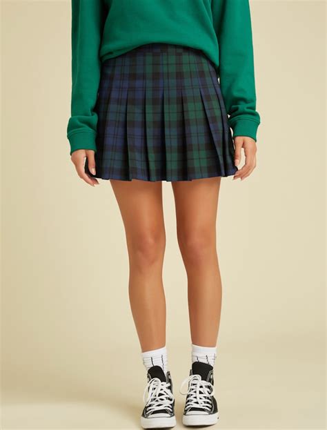 Knee Length Pleated Plaid Skirt Women Plus Size Navy Black Pleated
