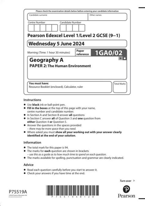 Edexcel Gcse Geography A 1ga0 02 Paper 2 The Human Environment June