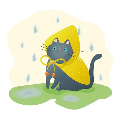 Un Gato Gris Gracioso De Mal Humor Con Un Impermeable Amarillo Se