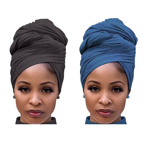 Harewom Stretchy Head Wraps For Black Women Denim Blue And Grey 2pc Set