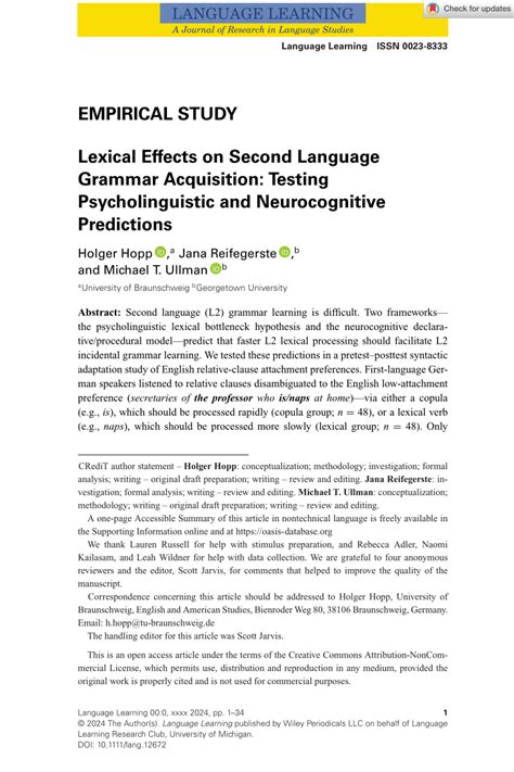 Pdf Lexical Effects On Second Language Grammar Acquisition Testing Psycholinguistic And