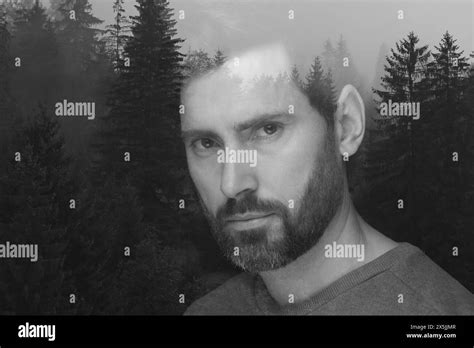 Double Exposure Of Man And Trees On White Background Black And White