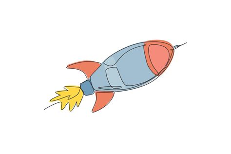 One Continuous Line Drawing Of Simple Retro Spacecraft Flying Up To The Outer Space Nebula
