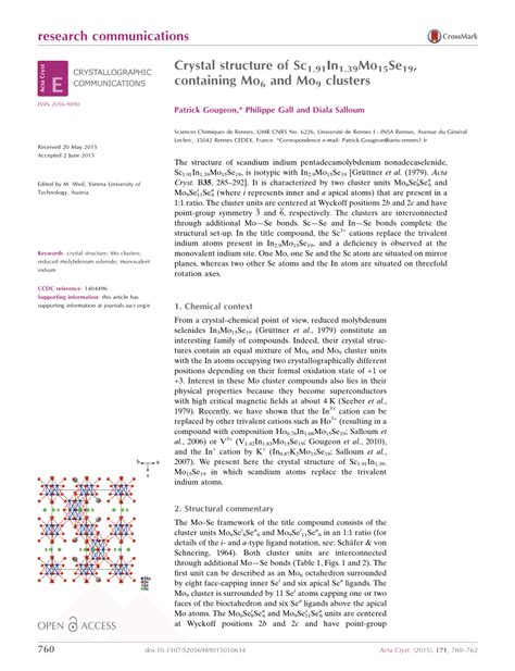 Pdf Cheminform Abstract Crystal Structure Of Sc 191 In 139 Mo 15