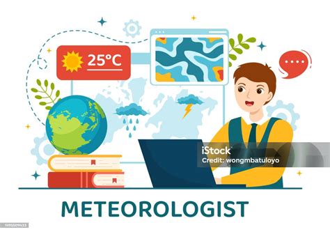 기상학자 벡터 일러스트레이션은 일기 예보와 대기 강수량 지도가 있는 평면 만화 손으로 그린 랜딩 페이지 템플릿에 있습니다 감시에