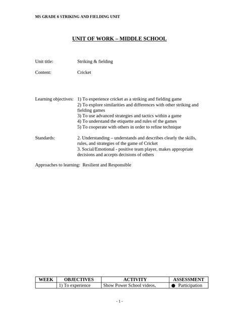 Grade 6 Cricket Striking And Fielding Unit Pdf Bowling Cricket