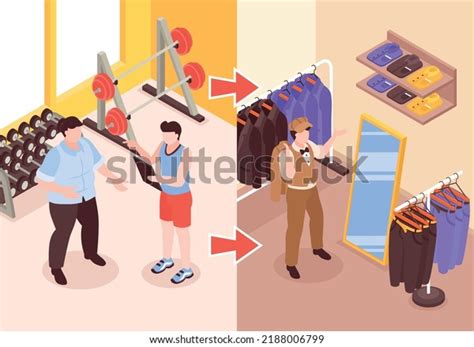 Isometric Transformation Concept Man Before After เวกเตอร์สต็อก ปลอด