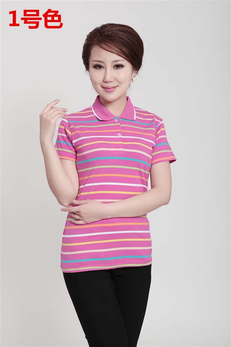 夏款中老年女装短袖大码条纹t恤衫妈妈装运动休闲翻领t恤女polo衫虎窝淘