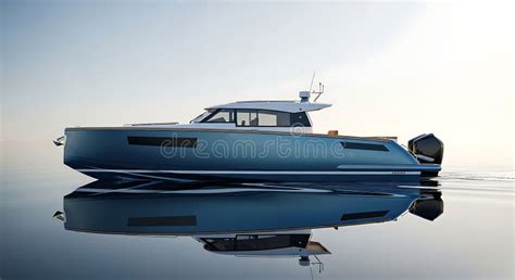 Sleek Blue Motorboat Reflects Perfectly On Calm Seas Stock Illustration