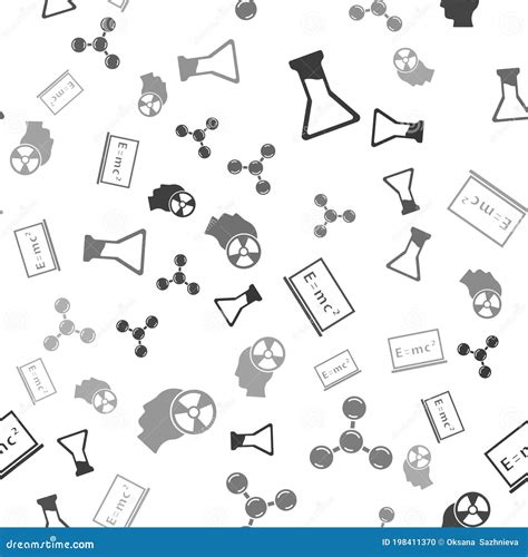 Set Test Tube And Flask Molecule Equation Solution And Head And Radiation Symbol On Seamless