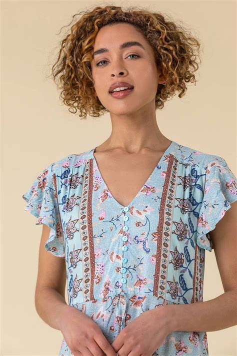 Frill Tie Waist Floral Dress In Aqua Roman Originals Uk
