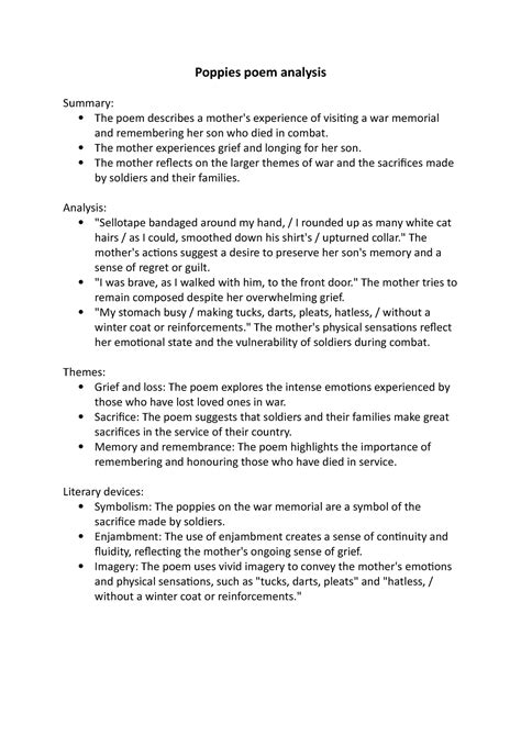 Poppies Poem Analysis Poppies Poem Analysis Summary The Poem