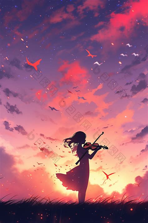 梦幻星空女孩夜曲插画图片 包图网