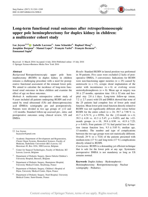 Long Term Functional Renal Outcomes After Retroperitoneoscopic Upper Pole Heminephrectomy For