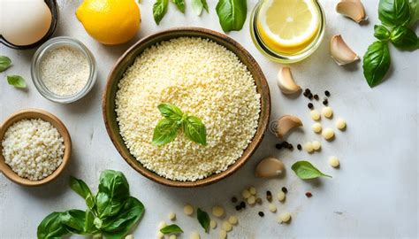 Raw Couscous And Ingredients On Light Table Flat Lay Stock Image