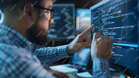 Software Developer Coding On Multiple Screens In Office Premium Ai Generated Image