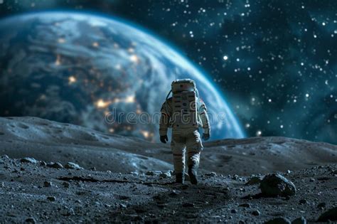 A Man In A Spacesuit Is Walking On A Rocky Surface Near A Planet Stock