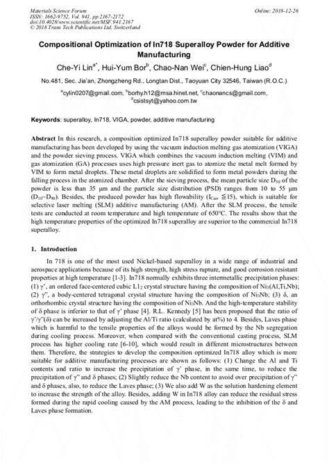 Compositional Optimization Of In718 Superalloy Powder For Additive Manufacturing Scientific Net