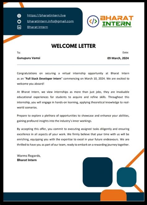 Vamsi Gunupuru On Linkedin Bharatintern Fullstackdeveloper Offerletter Internship