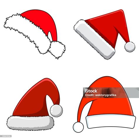 모피 세트와 크리스마스 산타 클로스 모자 하얀 배경에 고립 된 새해 빨간 모자 겨울 모자 벡터 일러스트레이션 0명에 대한 스톡 벡터 아트 및 기타 이미지 Istock
