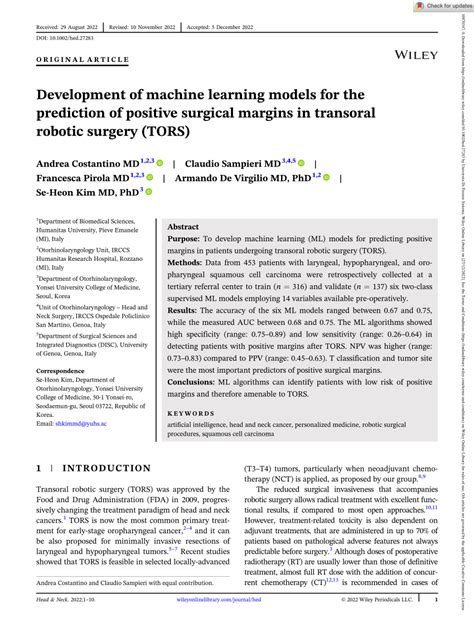 PDF Development Of Machine Learning Models For The Prediction Of Positive Surgical Margins In