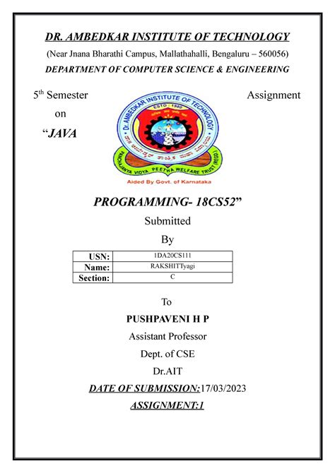 Java Assignment My Project DR AMBEDKAR INSTITUTE OF TECHNOLOGY Near Jnana Bharathi Campus