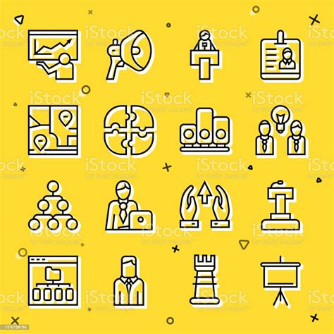 세트 라인 칠판 무대 스탠드 또는 트리뷴 램프 전구 퍼즐 조각 접힌지도 위치 교육 프리젠 테이션 및 순위 스타 아이콘을 가진