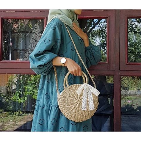 Jual 2 Size Tas Anyaman Kerajinan Mendong Pandan Bulat Pita Bohemian