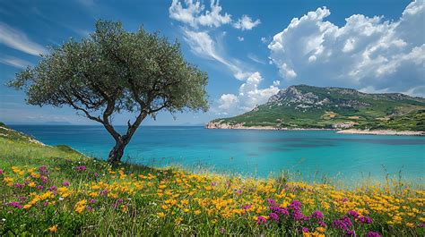 Serene Mediterranean Coast With A Lone Olive Tree Overlooking Turquoise