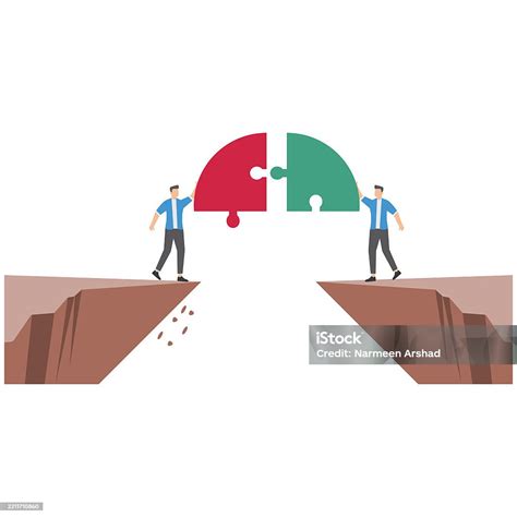 두 명의 사업가가 팀워크와 파트너십을 상징하는 절벽에 직소 퍼즐 다리를 연결하여 문제를 해결합니다 개념에 대한 스톡 벡터 아트 및 기타 이미지 Istock