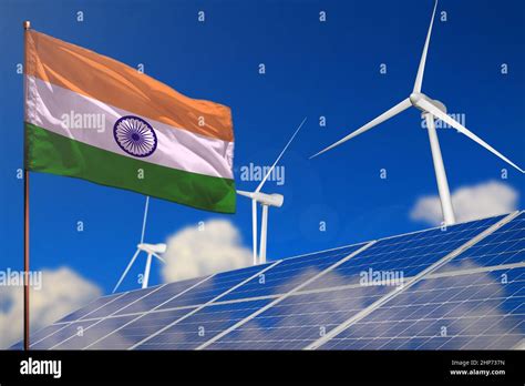 India Renewable Energy Wind And Solar Energy Concept With Wind Turbines And Solar Panels